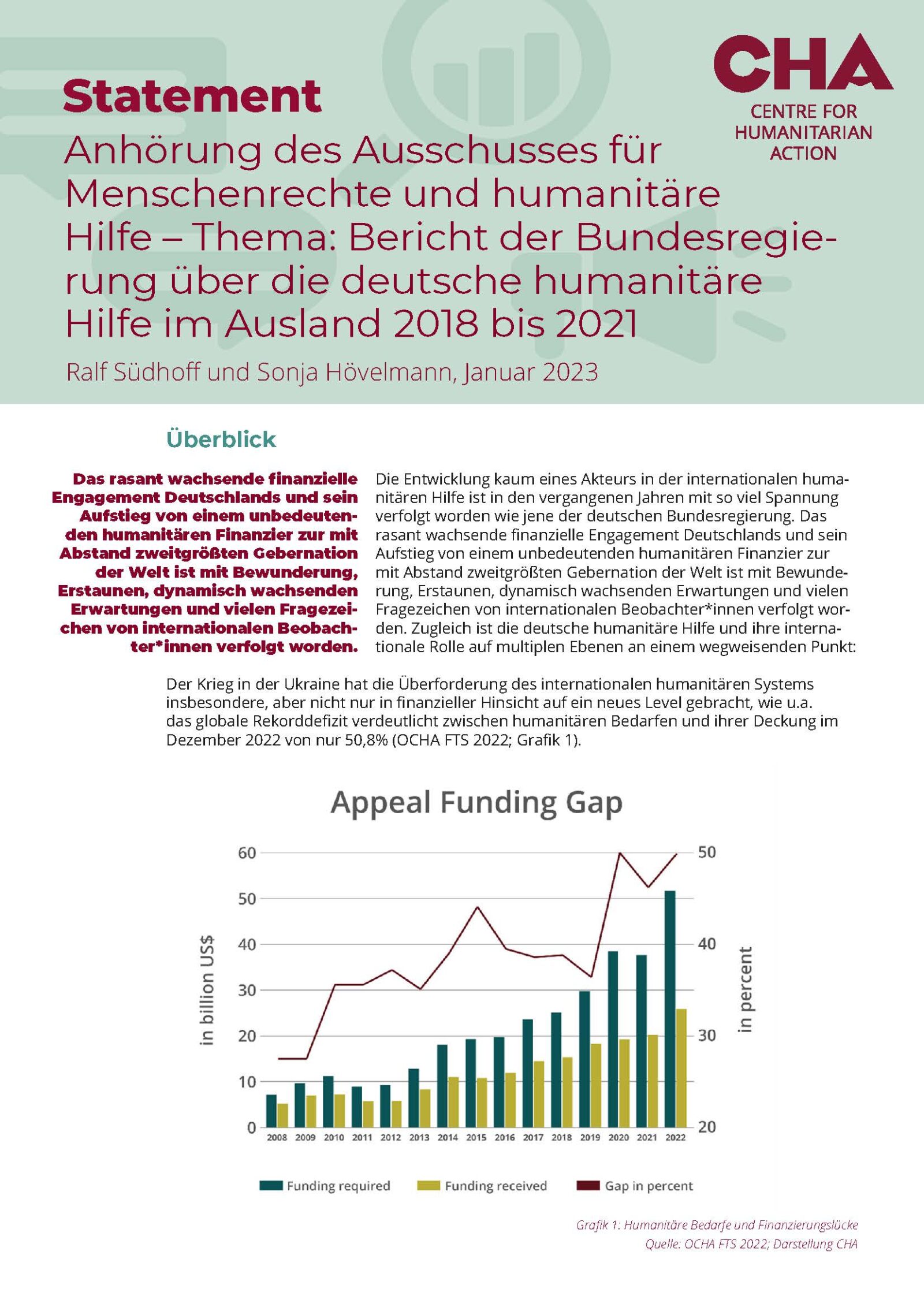CHA Statement zum Bericht der Bundesregierung über die deutsche humanitäre Hilfe im Ausland ...
